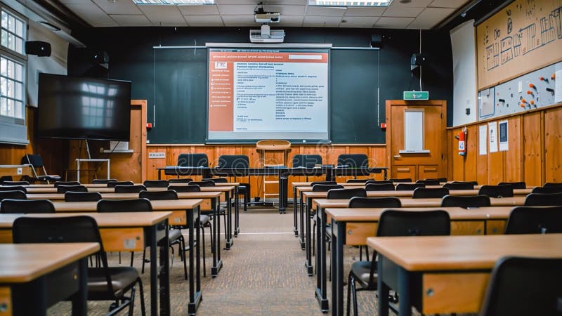 A Spacious Classroom Features Empty Desks and a Large Presentation ...