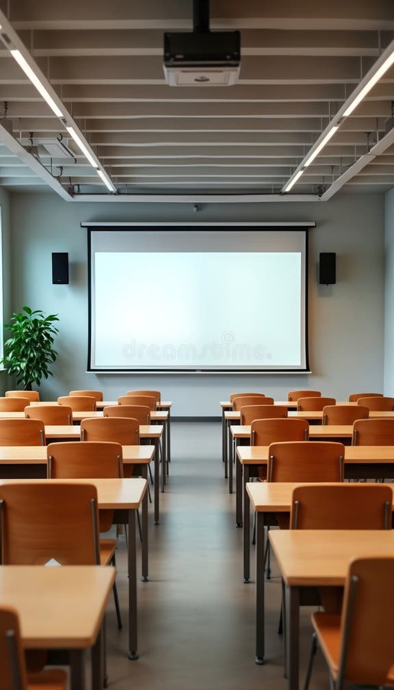 Spacious Classroom Setting. Rows of Wooden Desks, Chairs. Projector ...