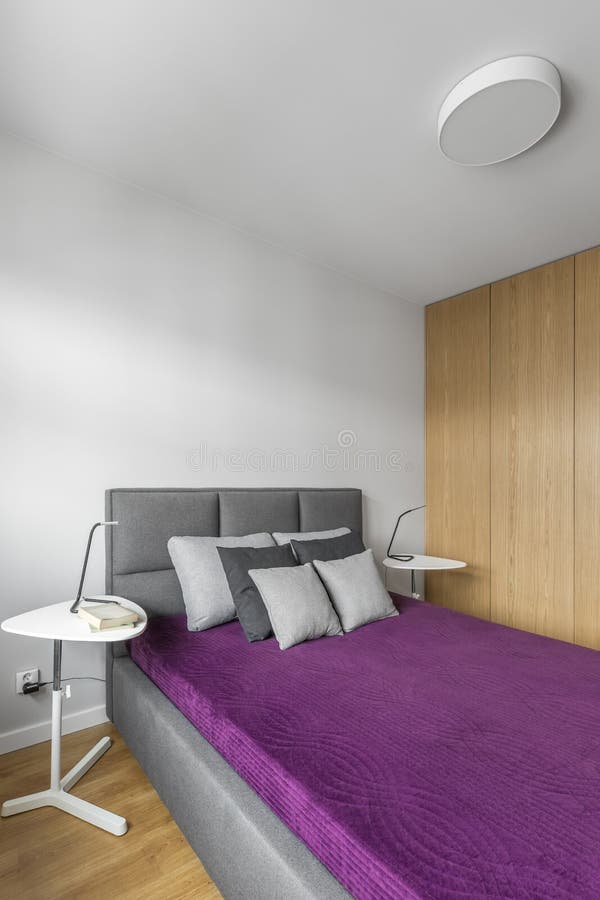 Double Bed in Modern Bedroom Stock Photo - Image of grey, linen: 145670654