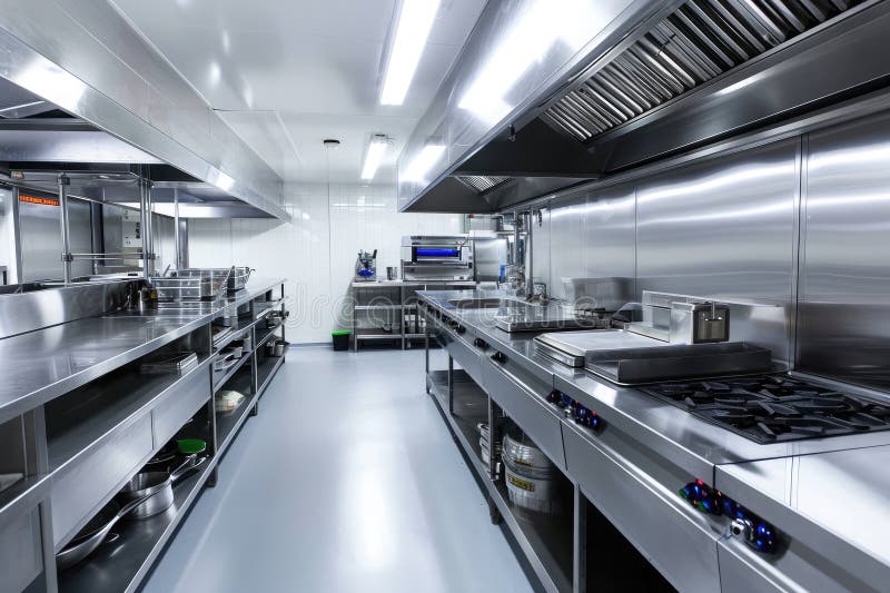 Spacious Commercial Kitchen with Stainless Steel Appliances and Modern ...
