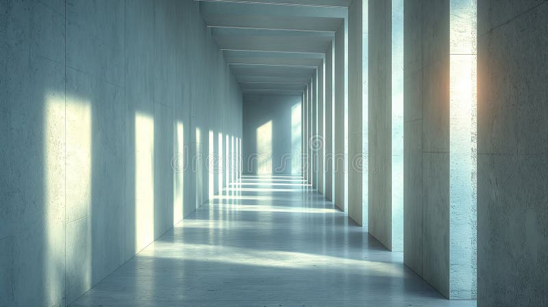 Bright Modern Concrete Hallway with Sunlight and Strong Shadows ...