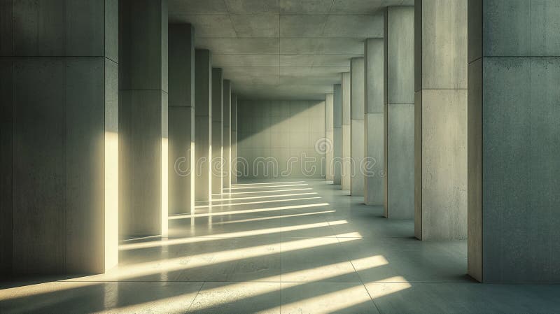 Bright Modern Concrete Hallway with Sunlight and Strong Shadows ...