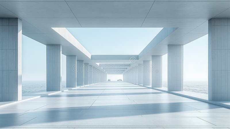 Bright Modern Concrete Hallway with Sunlight and Strong Shadows ...