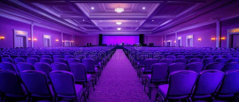 A Spacious Conference Hall Set Up with Rows of Chairs Under Purple ...