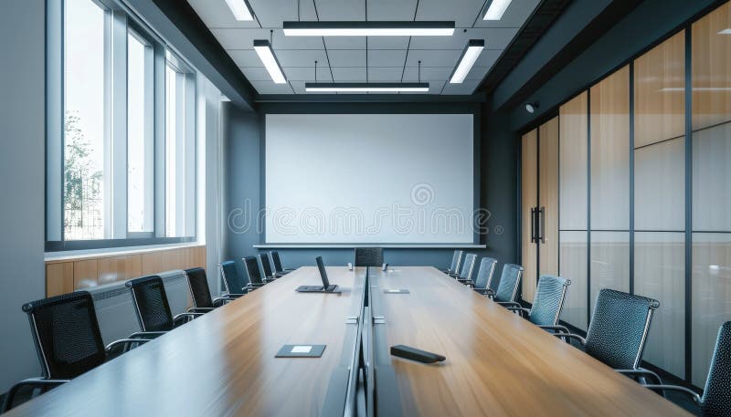 Modern Conference Room with Long Table and Presentation Screen for ...