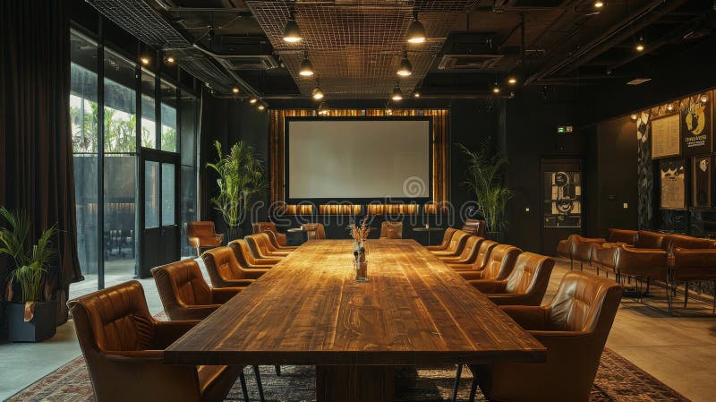 Spacious Conference Room with Long Wooden Table Stock Illustration ...