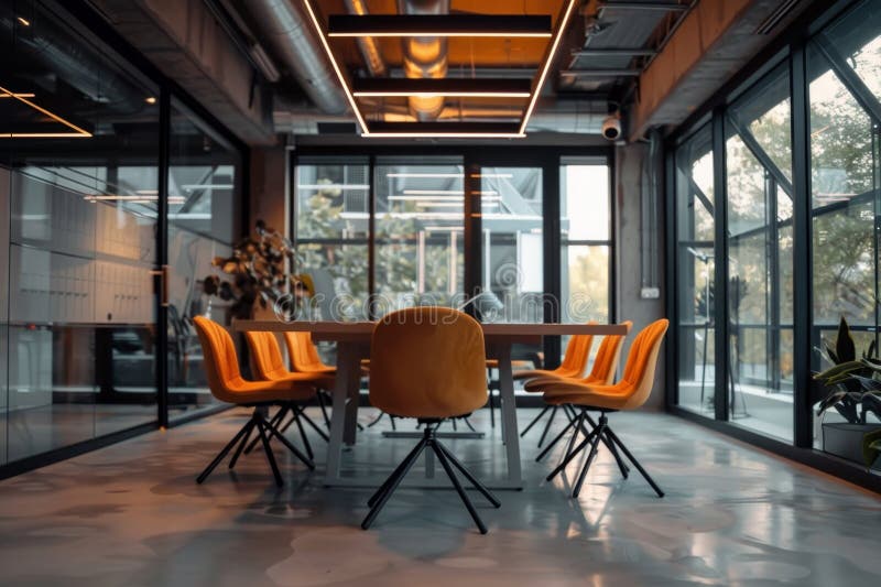 Spacious Conference Room with Numerous Chairs Surrounding Table Behind ...
