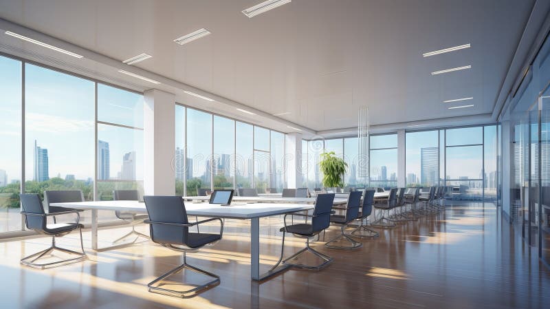 Spacious Conference Room with Urban Skyline Backdrop. Concept of ...