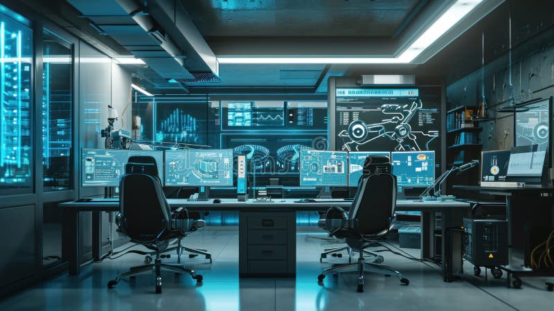 A Large Control Room with Many Computer Monitors and Comfy Chairs Stock ...