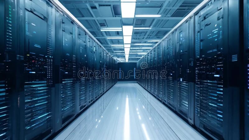 Modern Data Center Corridor with Rows of Servers Illuminated by ...