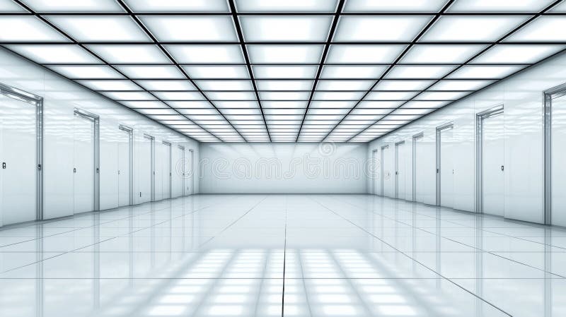 Modern Corridor with a Sleek Design Featuring Multiple Doors and Bright ...