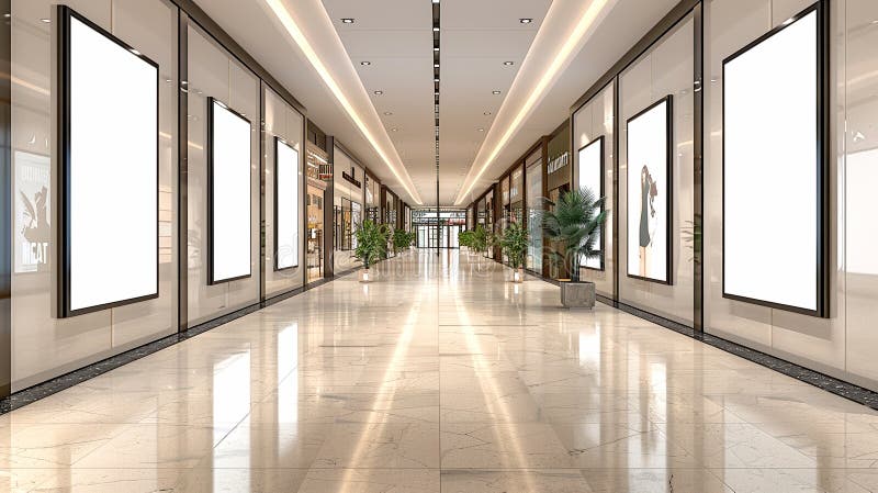 Modern Indoor Shopping Mall Corridor with Empty Storefronts and Bright ...