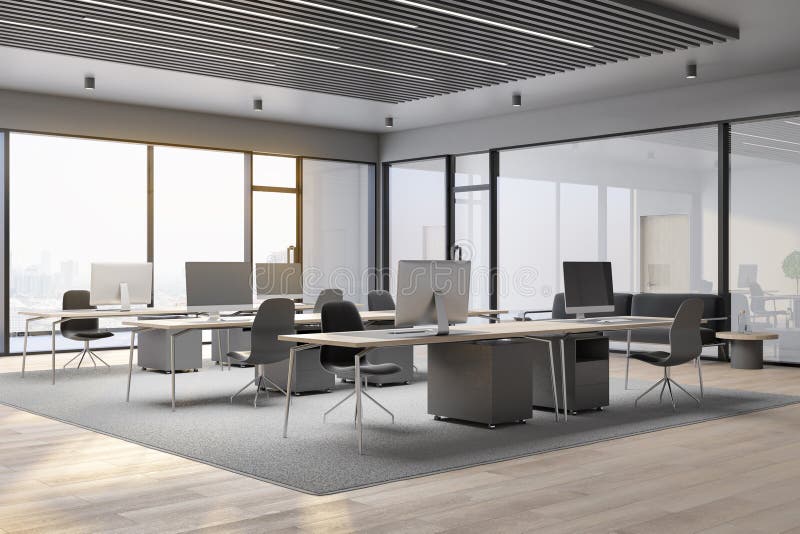 Spacious coworking office stock illustration. Illustration of monitor ...