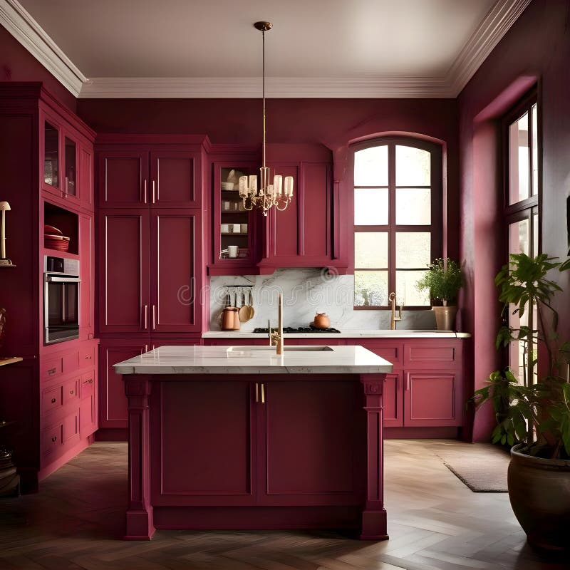 Spacious Crimson Kitchen with Centre Table Stock Photo - Image of ...