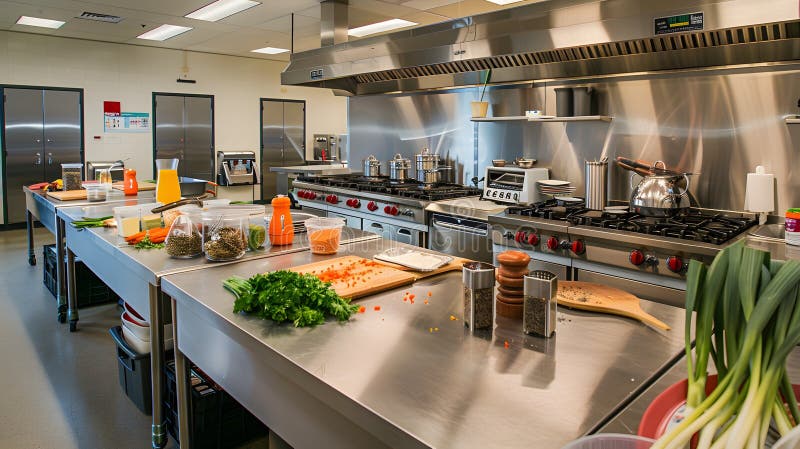 Modern Culinary Classroom with Cooking Stations Stock Illustration ...