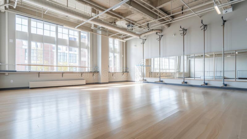 Spacious Dance Studio with Wooden Floors and Windows Stock Image ...
