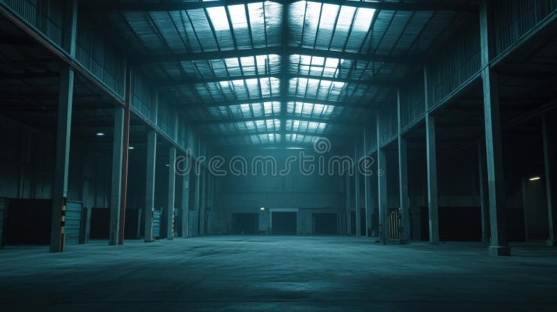 Spacious Dimly Lit Warehouse Interior with High Ceilings and Shadows ...