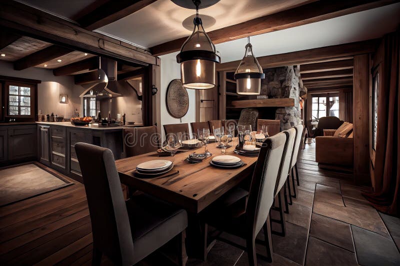 Spacious Dining Room with Bar and Big Dining Table on Chalet Stock ...