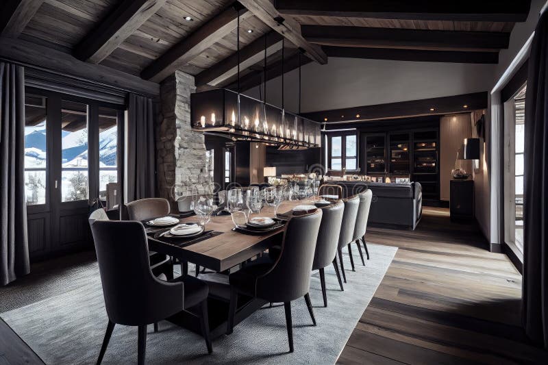 Spacious Dining Room with Bar and Big Dining Table on Chalet Stock ...