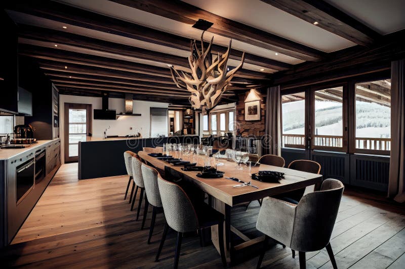 Spacious Dining Room with Bar and Big Dining Table on Chalet Stock ...