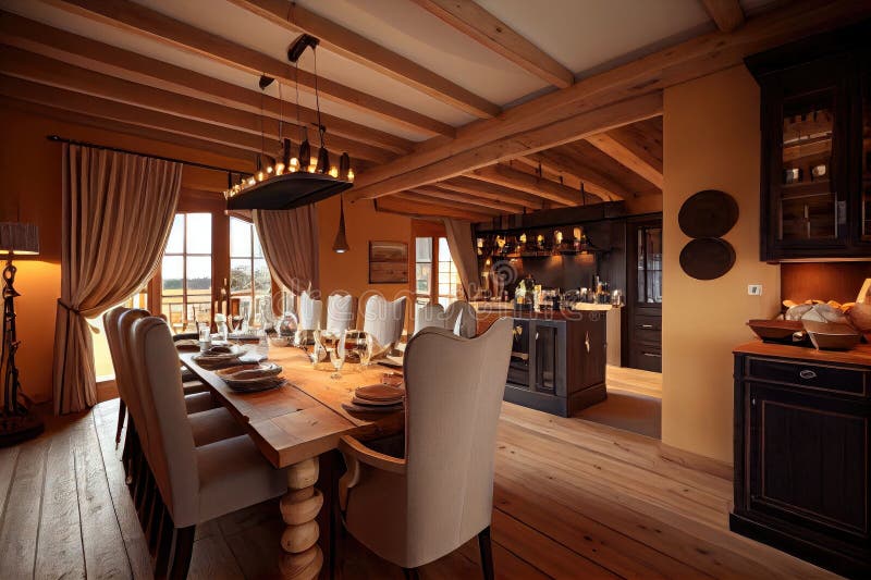 Spacious Dining Room with Bar and Big Dining Table on Chalet Stock ...