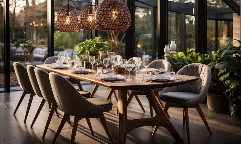 Spacious Dining Room with Large Wooden Table and Chairs Stock Image ...