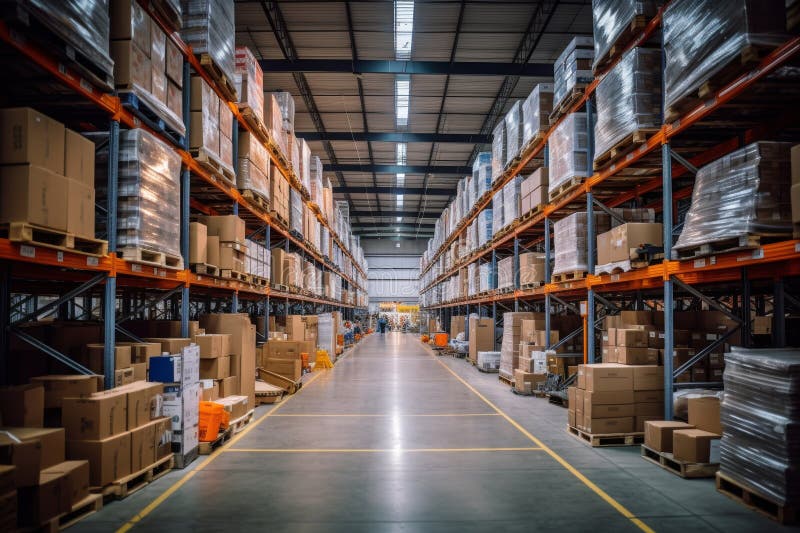 Spacious Distribution Warehouse Interior with Rows of Shelves Stacked ...