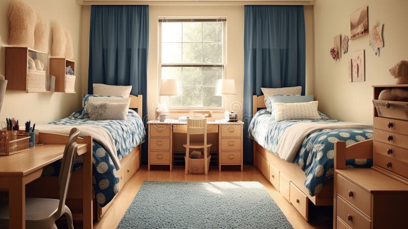 A Spacious Dorm Room with Two Twin Beds, Desks, and a Window with ...