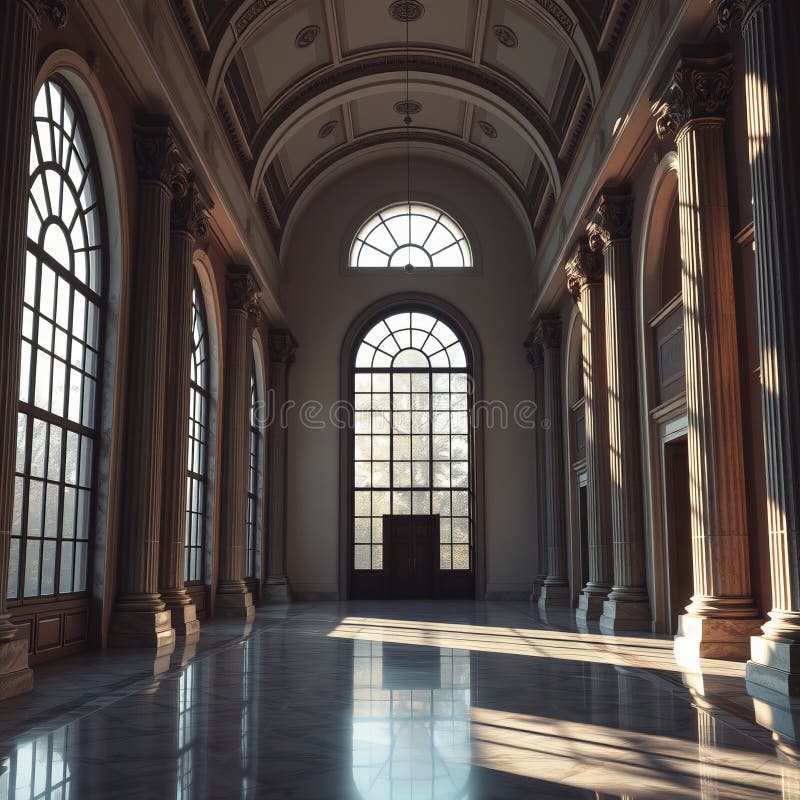 Spacious Elegant Hall with Large Arched Windows Marble Floors and ...