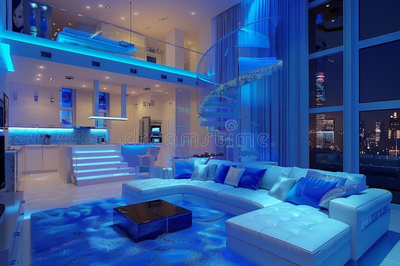 Luxurious Modern Loft with Blue Lighting. AI Generated Stock ...