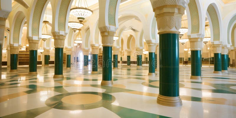 A Spacious and Elegant Mosque Interior with Green Pillars and Arched ...