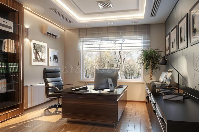 Modern Office Interior with Large Window View Stock Image - Image of ...