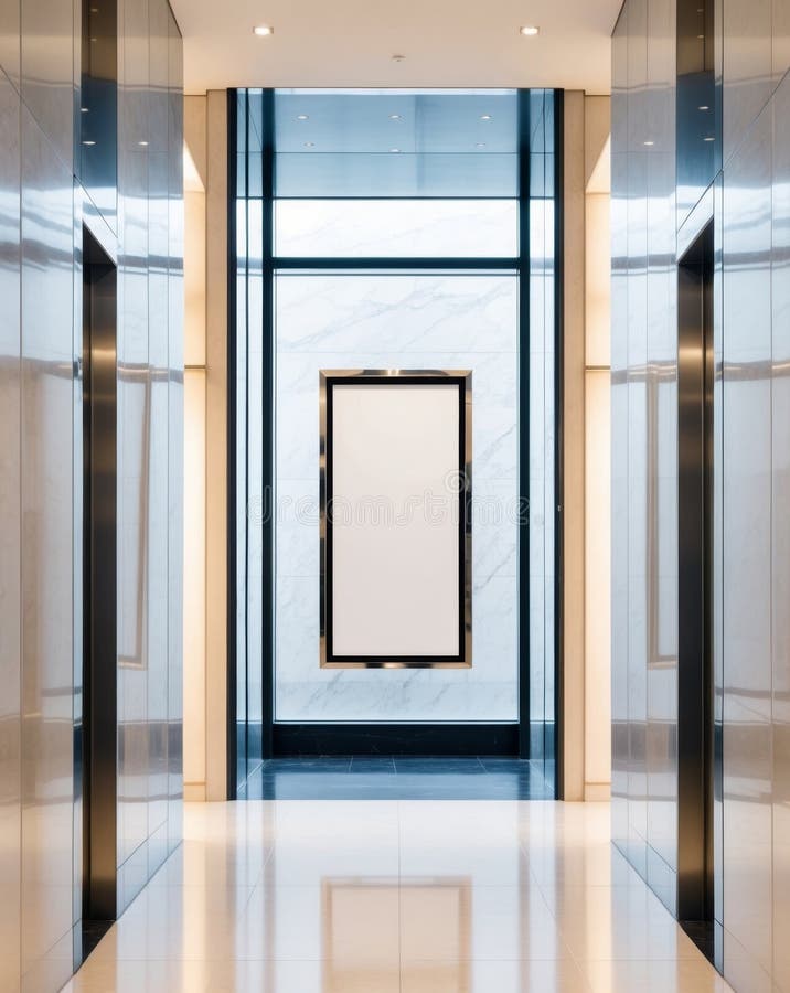 Spacious Elevator Lobby with Blank Vertical Poster Frame and ...