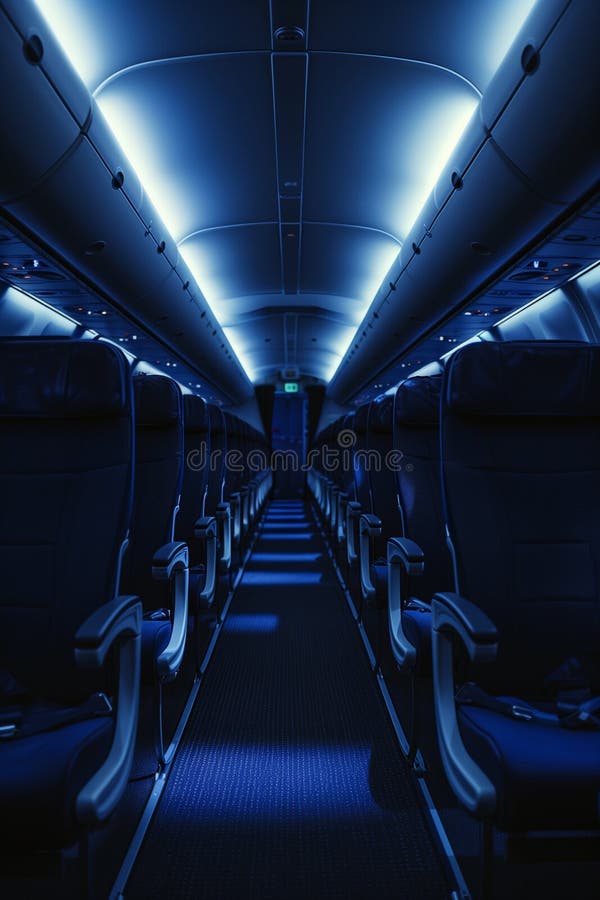 Spacious Empty Airplane Cabin Featuring Rows of Blue Upholstered Seats ...