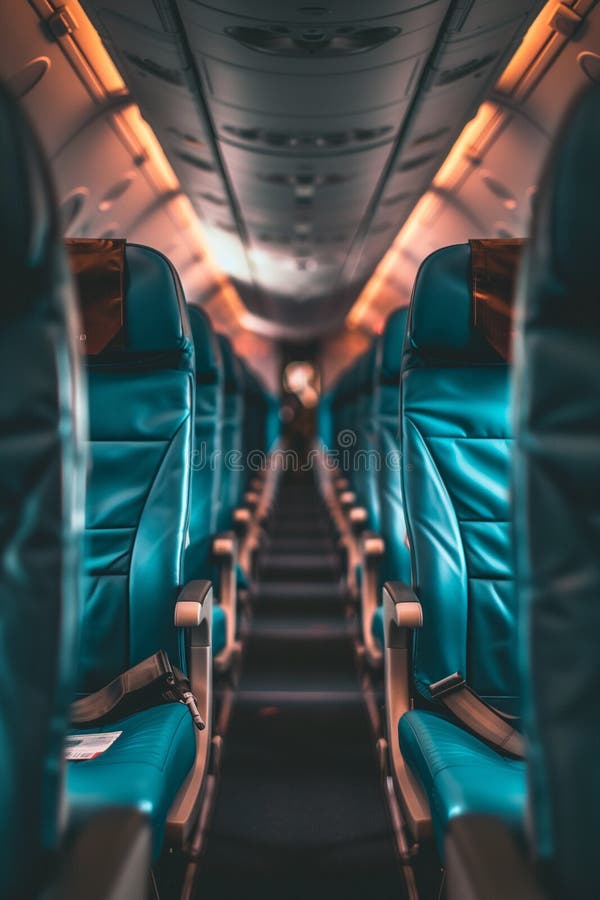 Spacious Empty Airplane Cabin Featuring Rows of Blue Upholstered Seats ...