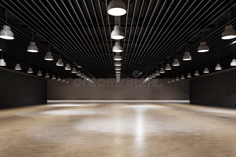 Spacious Empty Exhibition Hall with Modern Ceiling Lights and Polished ...