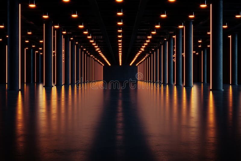 Spacious, Empty Futuristic Corridor Featuring Glowing Lights and ...