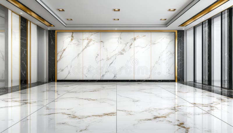 Spacious Empty Hall Interior with White Marble Walls, Golden Details ...