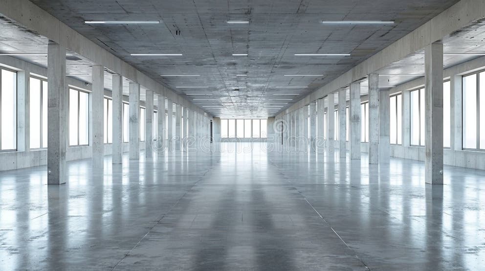 Spacious Empty Industrial Warehouse Interior with Large Windows and ...