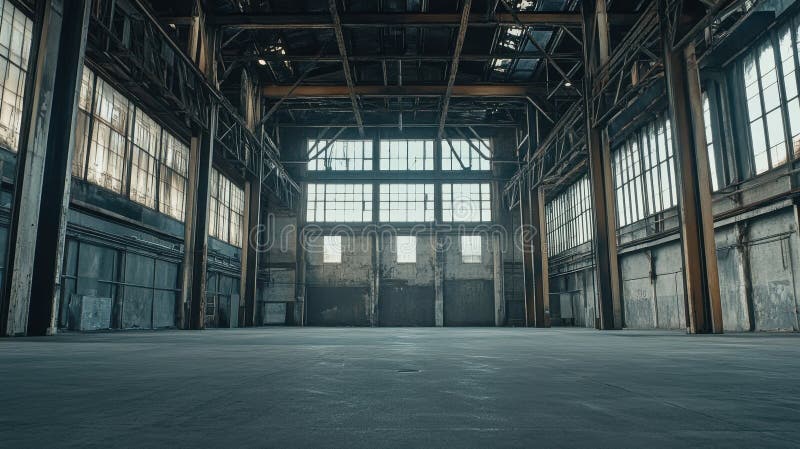 A Spacious, Empty Industrial Warehouse with Large Windows and Exposed ...