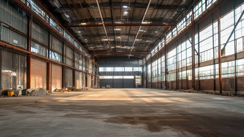 A Spacious, Empty Industrial Warehouse with Large Windows and Natural ...