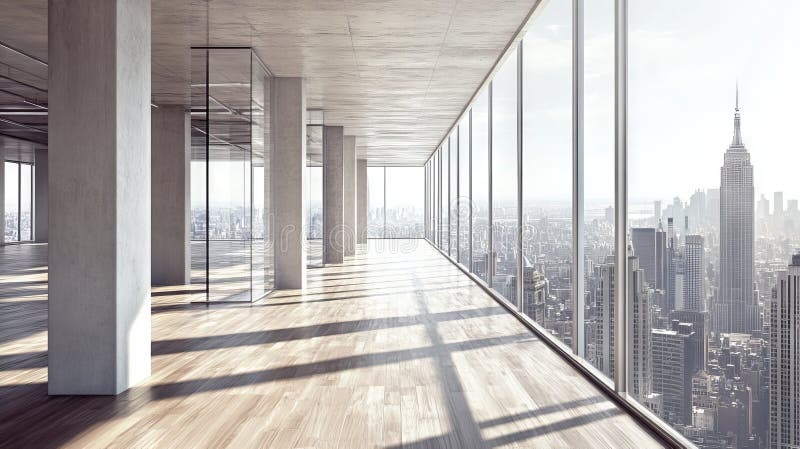 A Spacious Empty Office Interior Featuring a Modern Urban City View ...