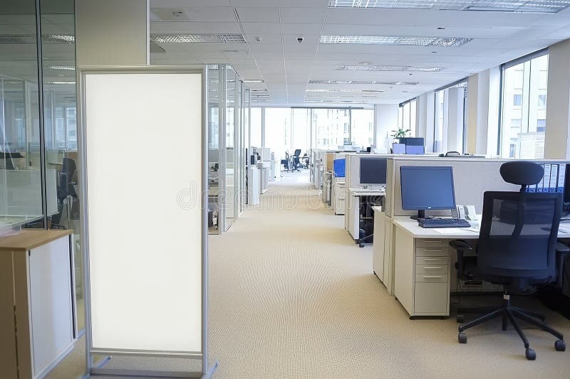 Empty Office Space with White Billboard Advertisement in Modern ...