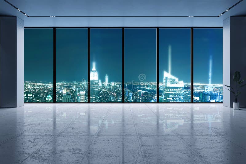 Modern Empty Office Interior with City View at Night. 3D Rendering ...