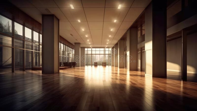 Spacious Empty Office Studio Gallery Hall with Large Windows and Wooden ...