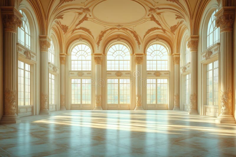 Spacious Empty Palace Hall with Grand Architecture. Sunlight Streams ...