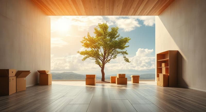 A Spacious Empty Room with Cardboard Boxes and a Tree Nature ...
