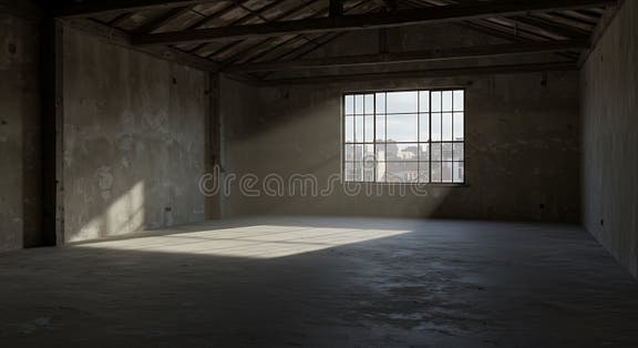 Spacious, Empty Room Features a High, Beamed Ceiling and Rough ...