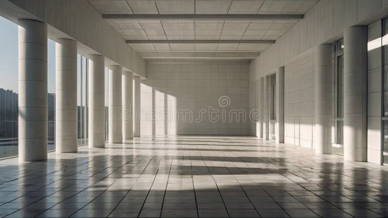 A Spacious, Empty Room Featuring Large Pillars and Expansive Windows ...