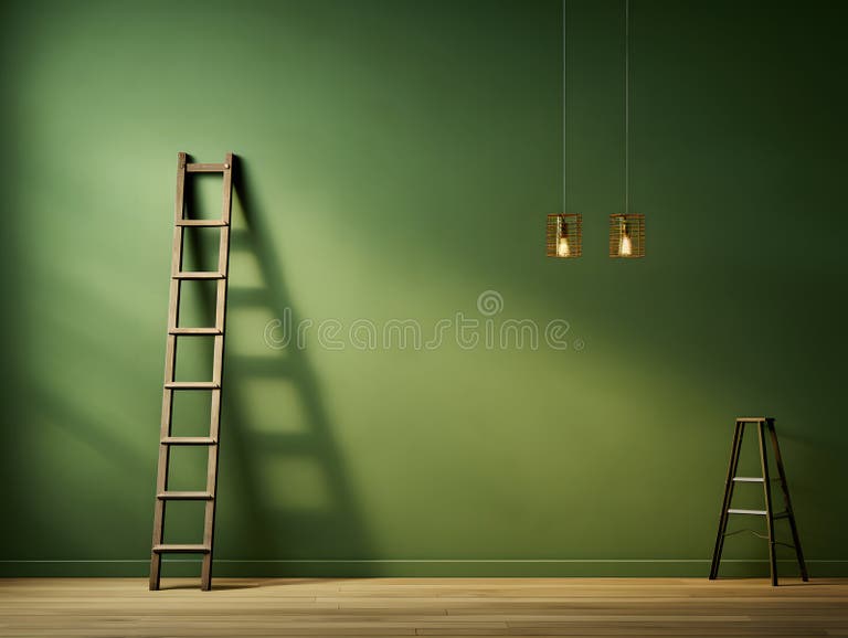 Empty Green Wall Room with Ladders and Wooden Steps Stock Illustration ...